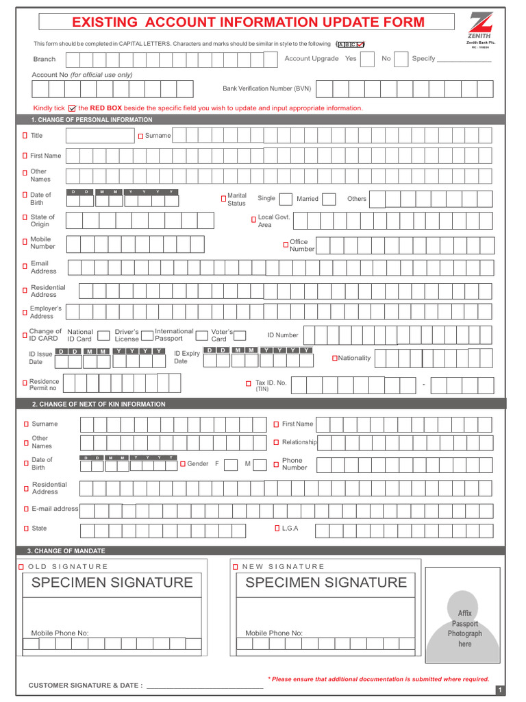 Existing Account Information Update Form: Specimen Signature Specimen ...