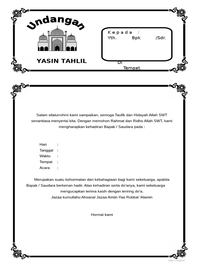 Undangan Yasin Tahlil Keluarga Adjie | PDF