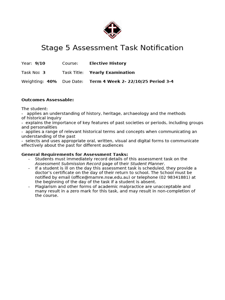 2025 Yr 9 and 10 Elective History - Yearly Examination Notification | PDF