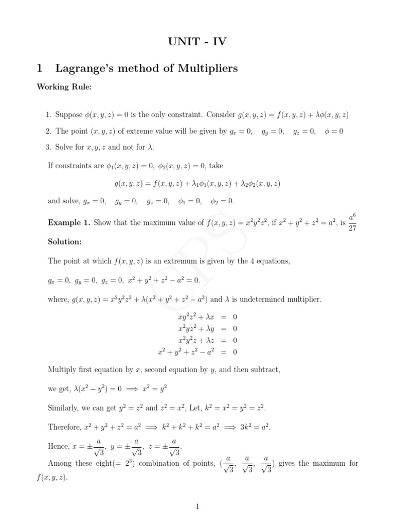 Lagrange's Method of Multipliers - AM I | PDF | Applied Mathematics ...