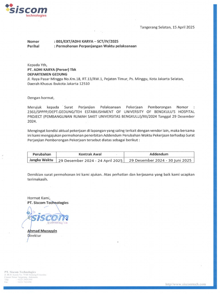 Surat Pengajuan Addendum 1 RS Bengkulu SD 30 Juni 2025 | PDF