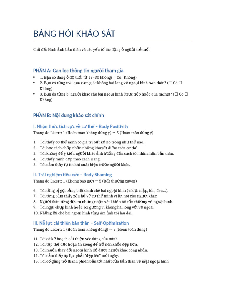 Bang Khao Sat Hinh Anh Ban Than | PDF