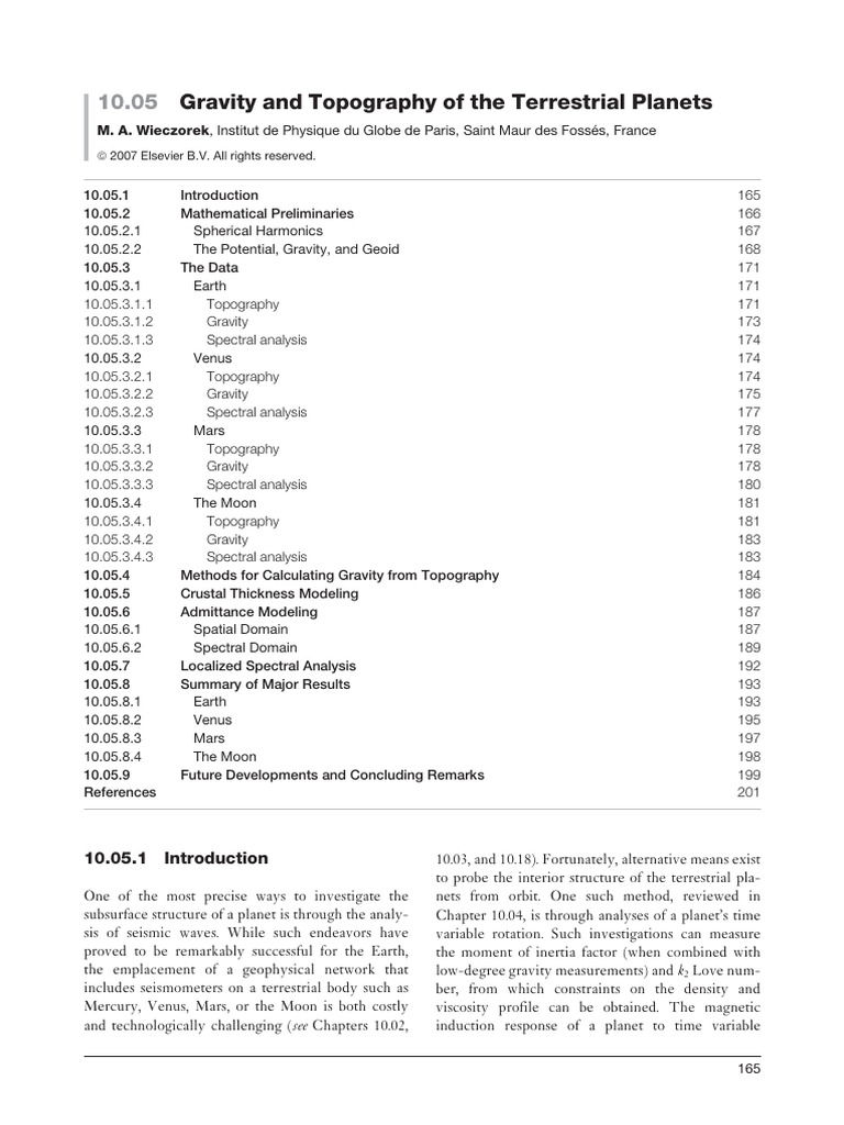 Treatise on Geophysics Gravity and Topography of the Terrestrial Planets (Wieczorek, M.a) (Z ...
