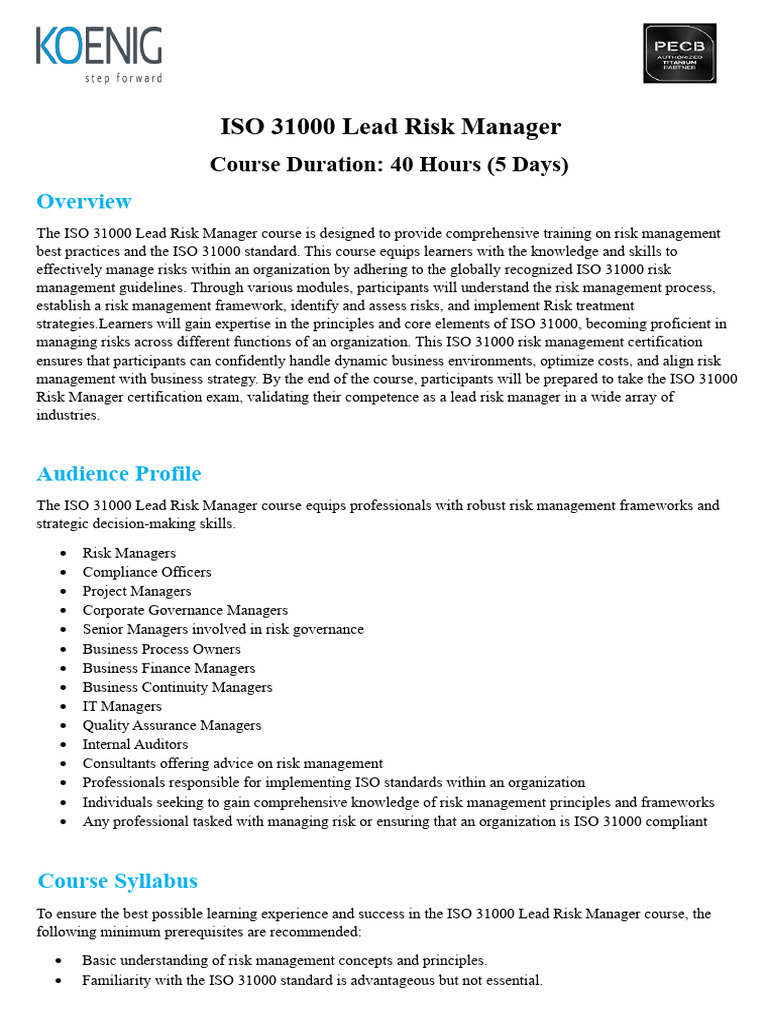 ISO 31000 Lead Risk Manager Course Overview | PDF | Risk Management | Risk