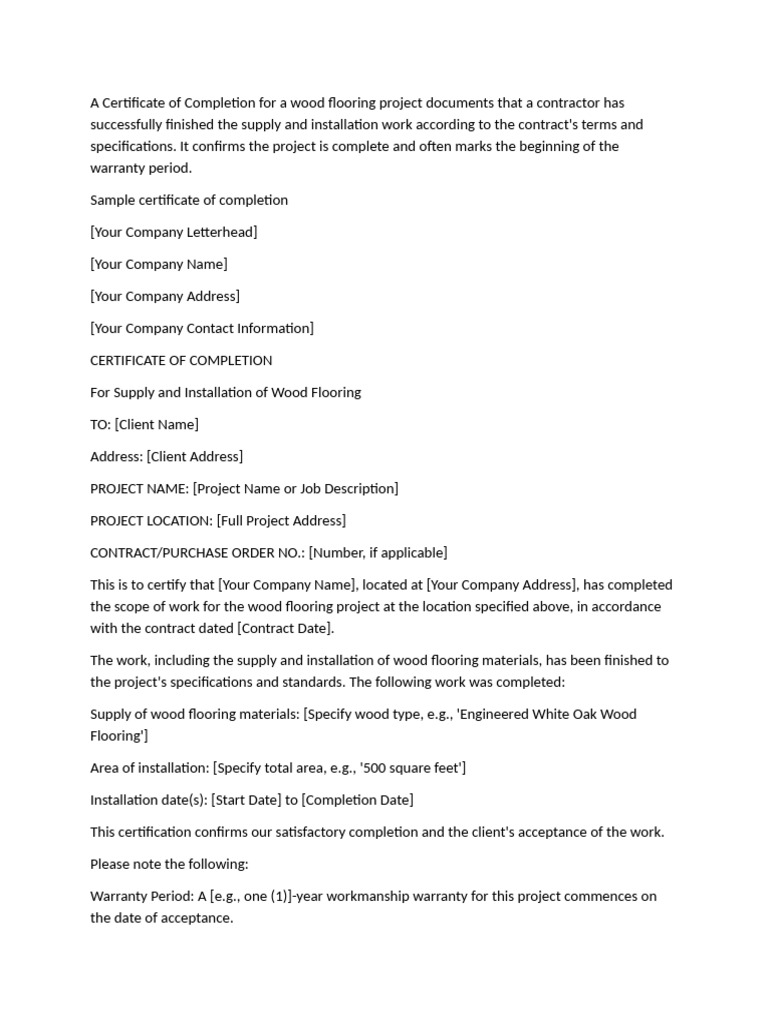 A Certificate of Completion For A Wood Flooring Project Documents That ...