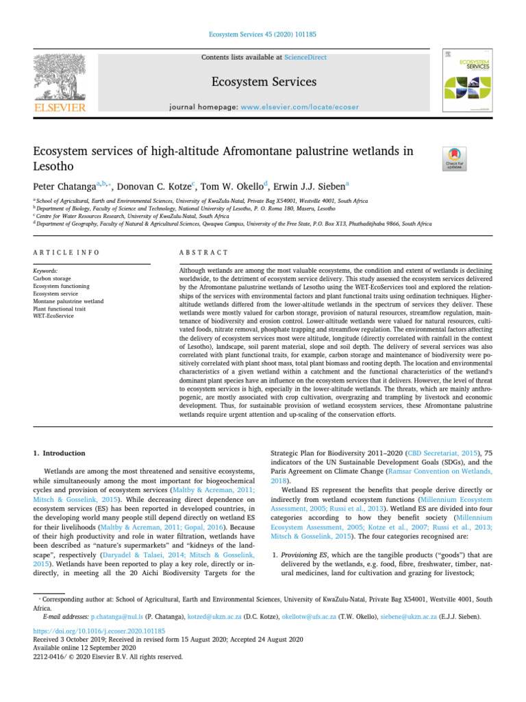 Ecosystem Services of Lesotho Wetlands | PDF | Wetland | Ecosystem