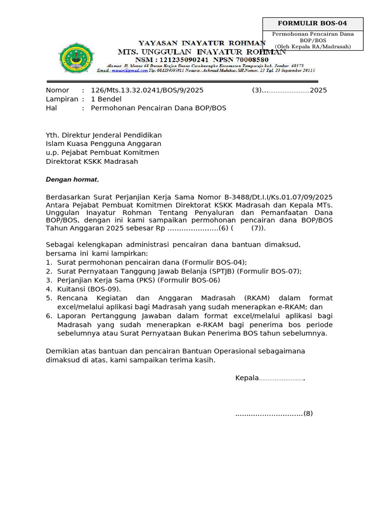 Permohonan Pencairan Dana BOP/BOS 2025 | PDF