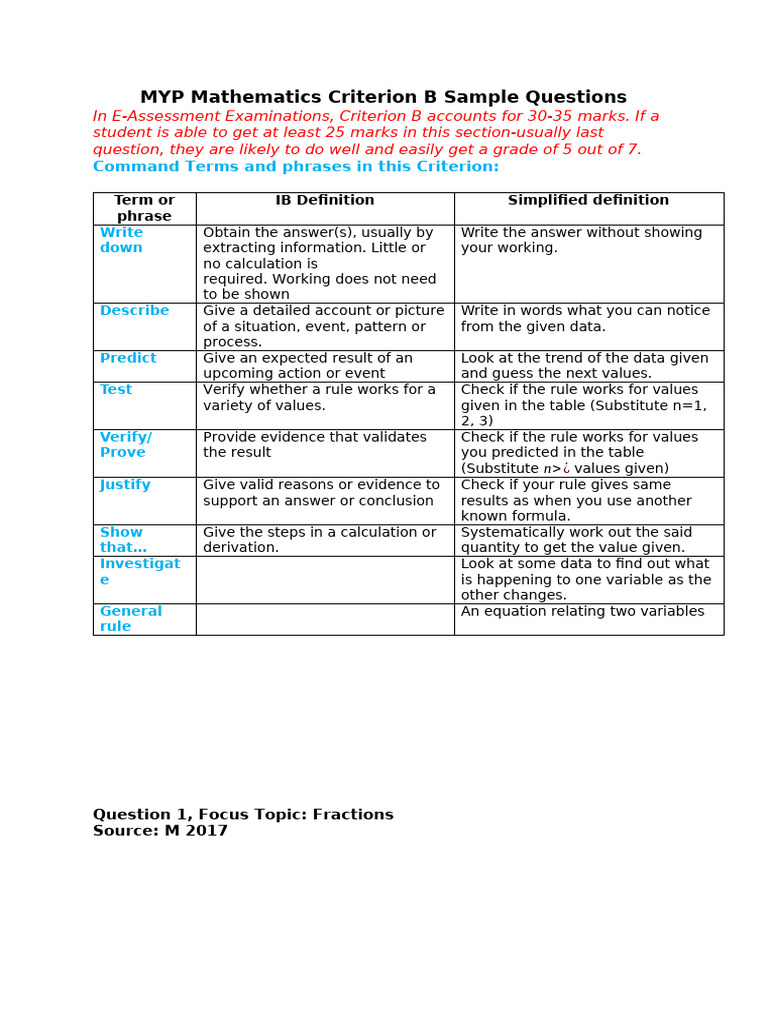 MYP Mathematics Criterion B Sample Questions 4 | PDF