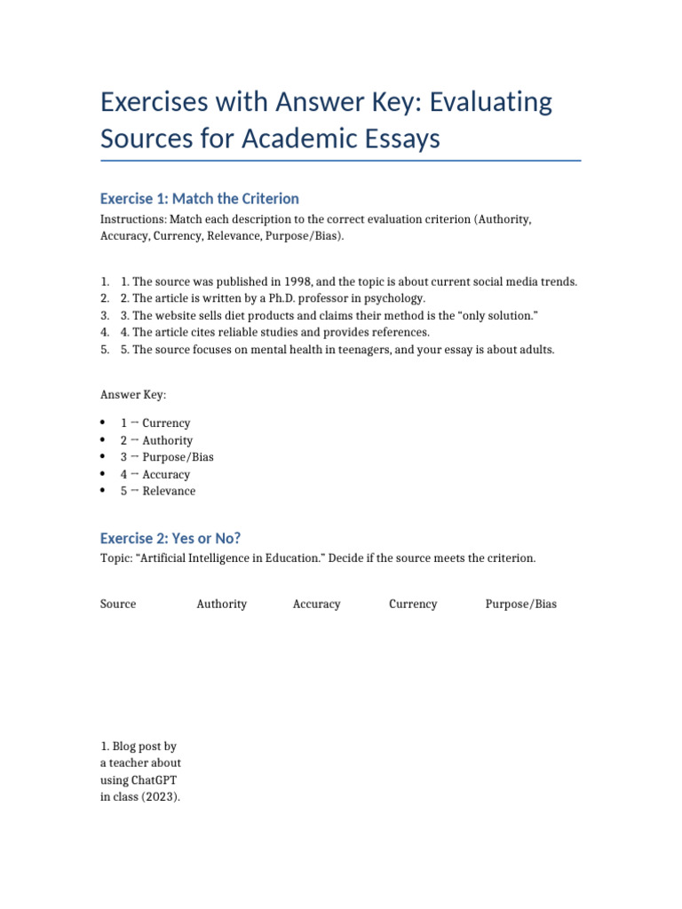 Evaluating Sources for Academic Essays | PDF | Accuracy And Precision ...