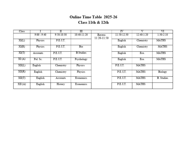 Online Time Table 2025-26 11th and 12th-1 | PDF