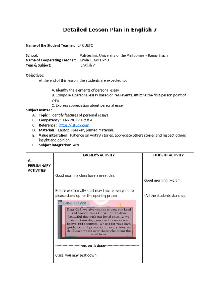 English 7 Lesson Plan: Personal Essays | PDF | Essays | Lesson Plan
