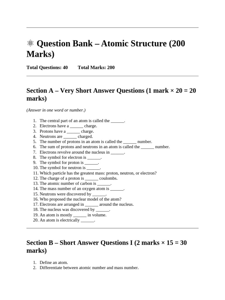 Atomic Structure Question Bank (200 Marks) | PDF | Atoms | Proton