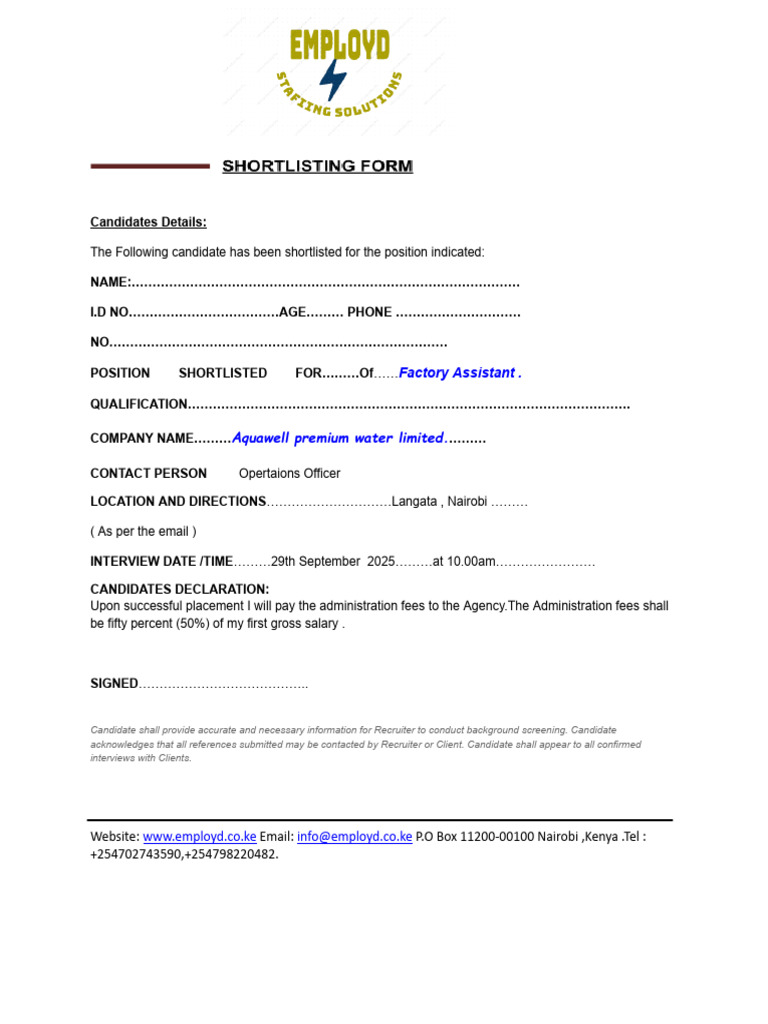 Shortlisted Candidate for Factory Assistant | PDF