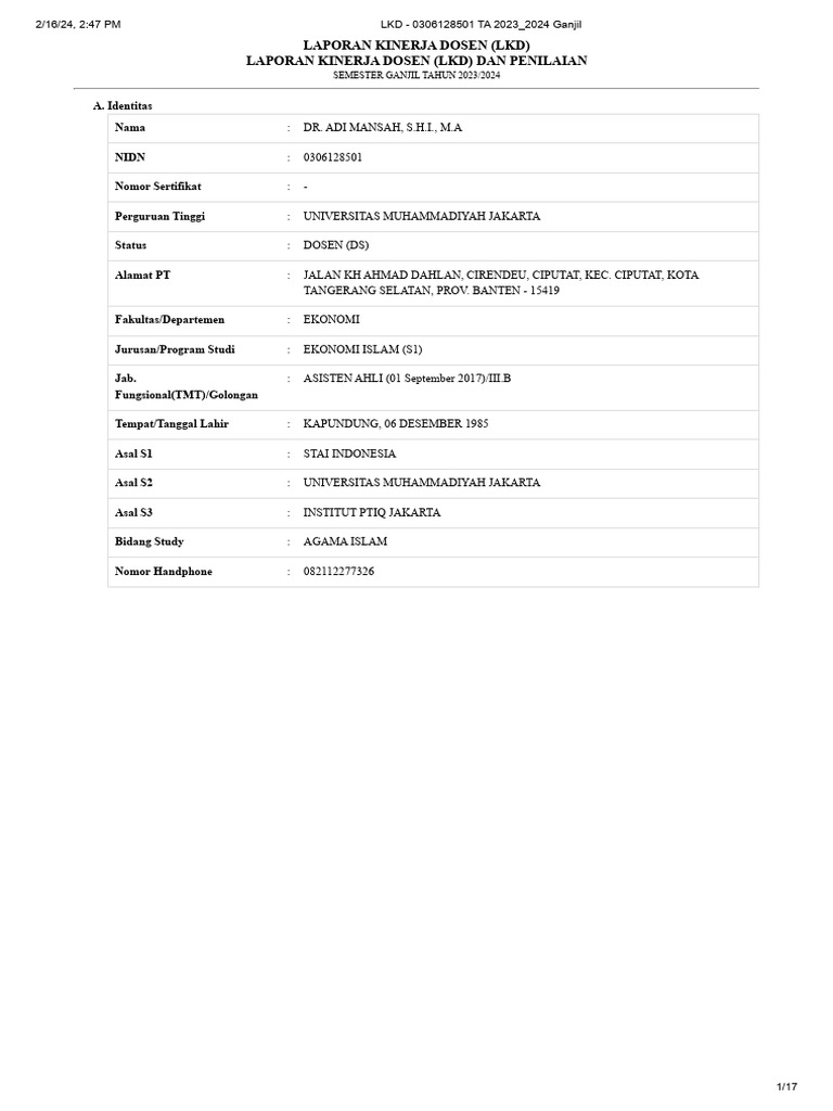 Full Laporan BKD-LKD - 0306128501 TA 2023 - 2024 Ganjil | PDF