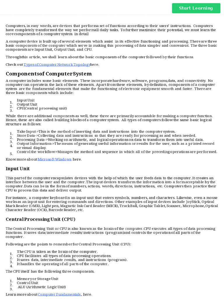 Basic Components of Computer System-Input, Output and CPU | PDF