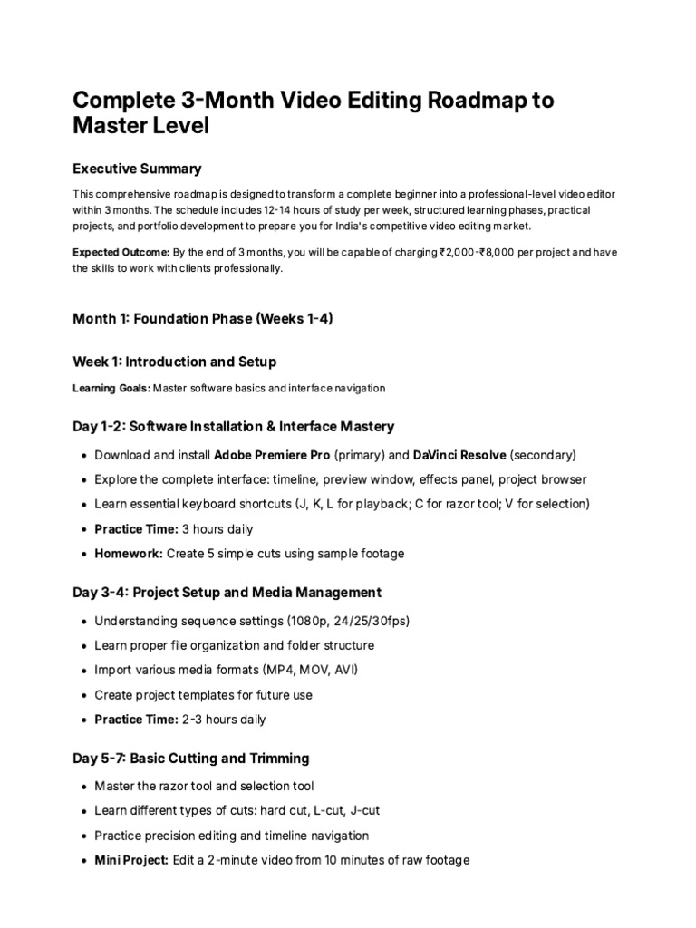 3-Month Video Editing Mastery Roadmap | PDF | Editing | Graphics