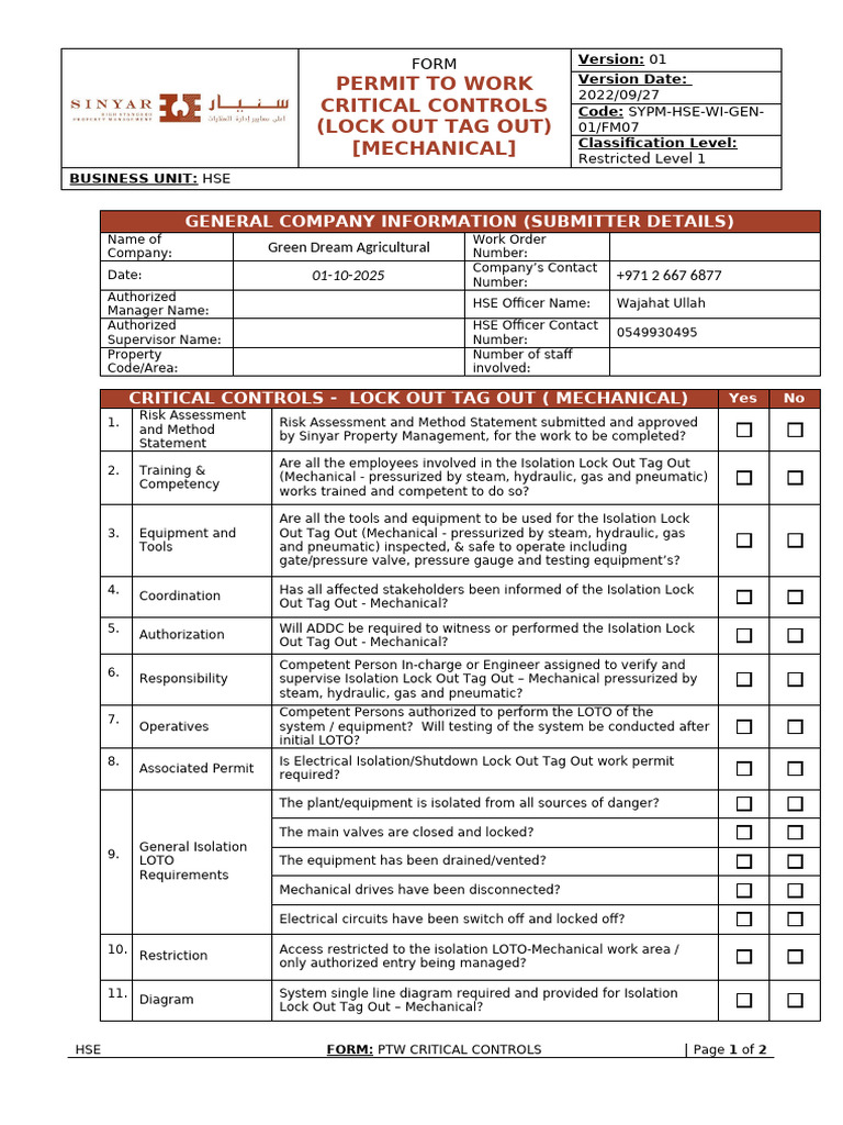 Lock Out Tag Out Permit Form | PDF | Working Conditions | Occupational ...
