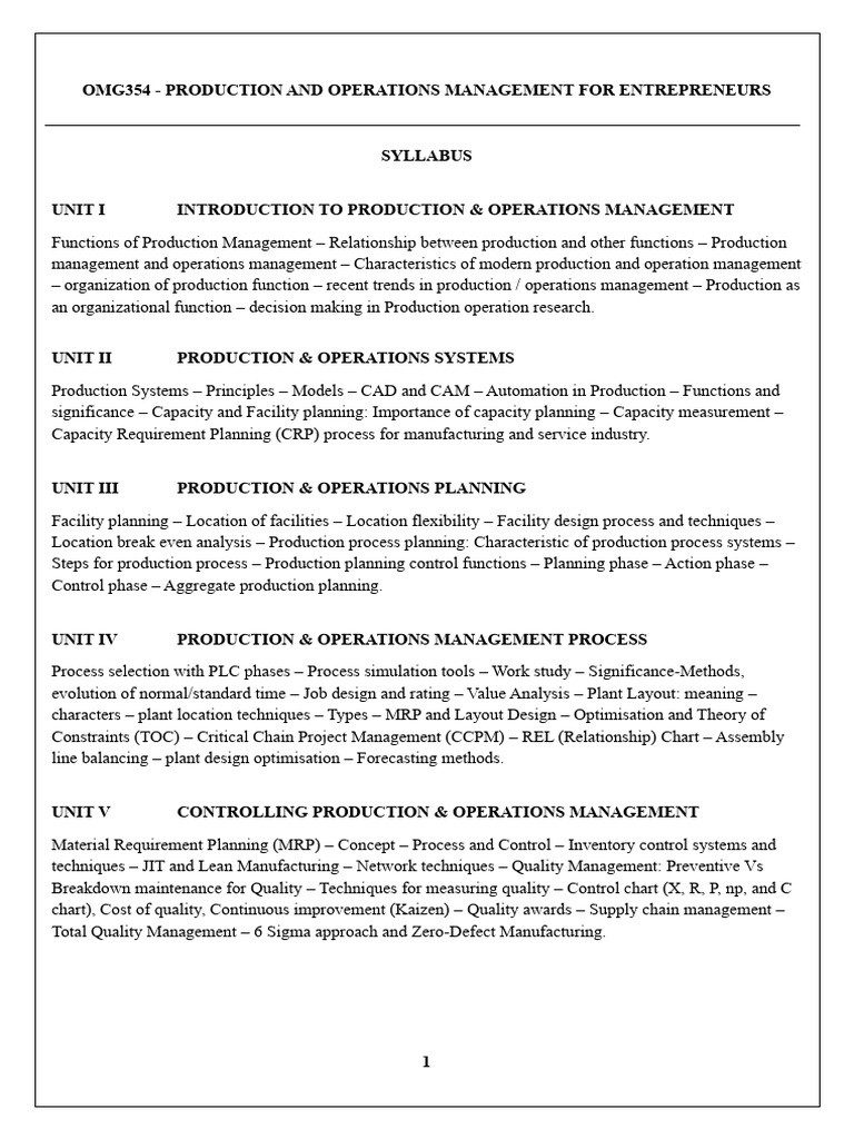 Omg354-Production and Operations Management For Entrepreneurs Unit I ...