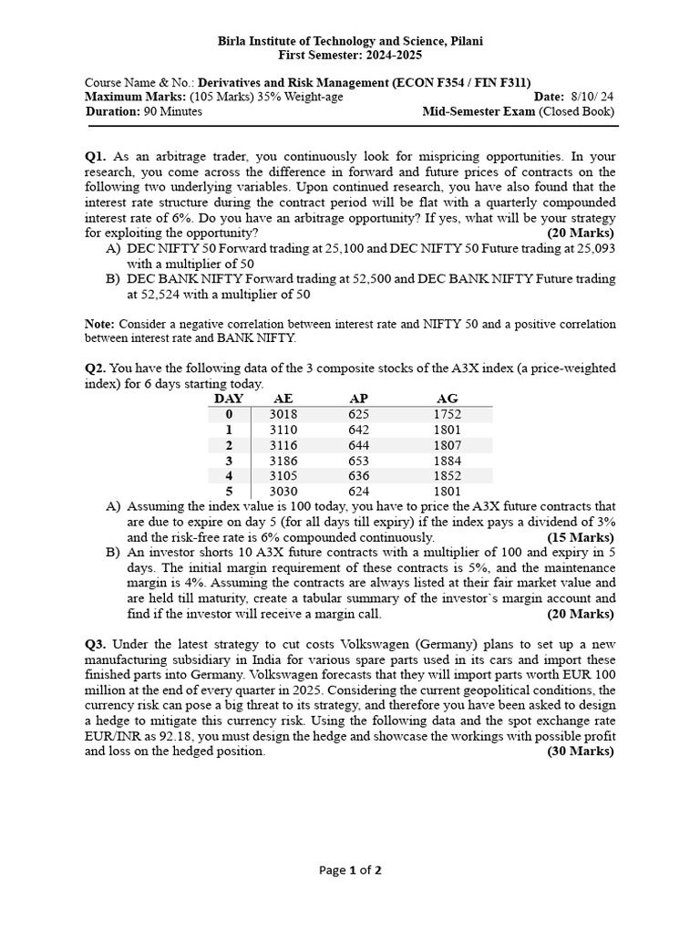 1160 ECON F354 20241218014708 Mid Semester Question Paper | PDF ...