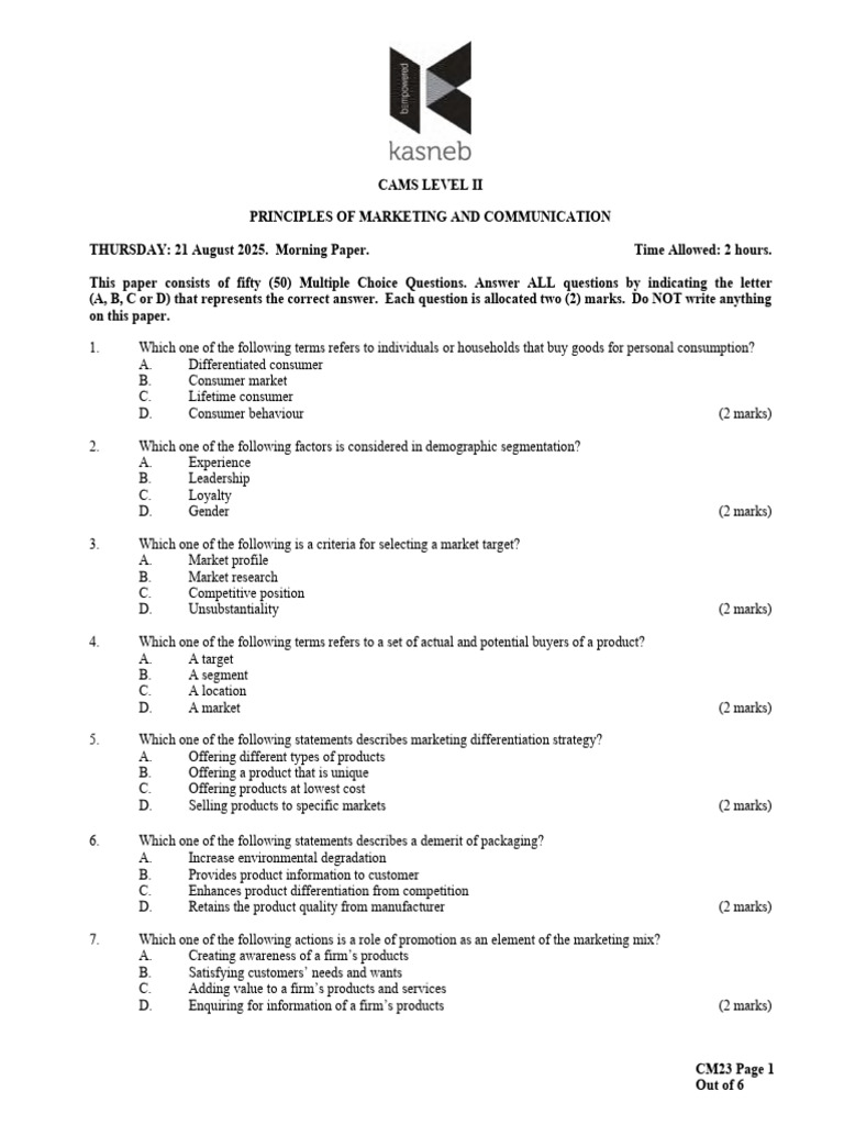 Principles of Marketing and Communication Past Papers | PDF | Marketing ...