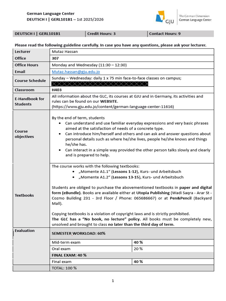 German I Course Guide 2025/2026 | PDF