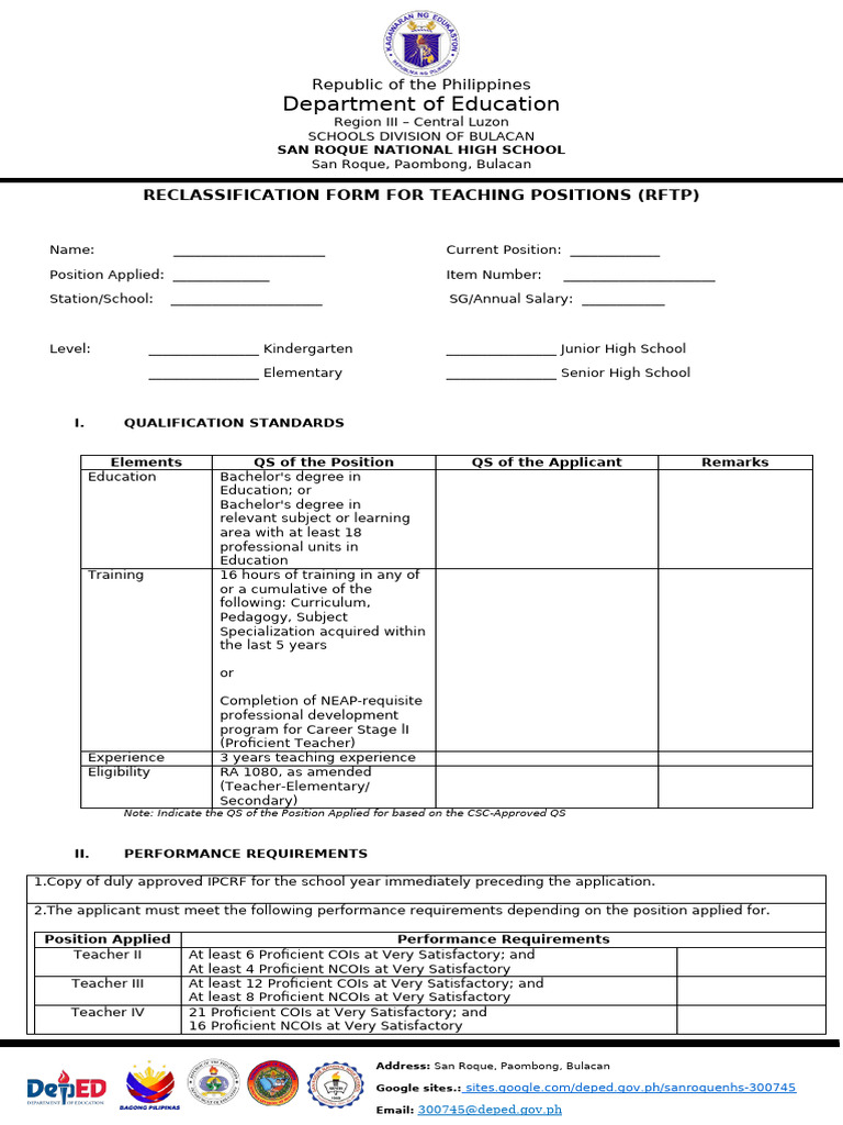 Reclassification Form For Teaching Positions RFTP t4 | PDF | Learning | Educational Assessment