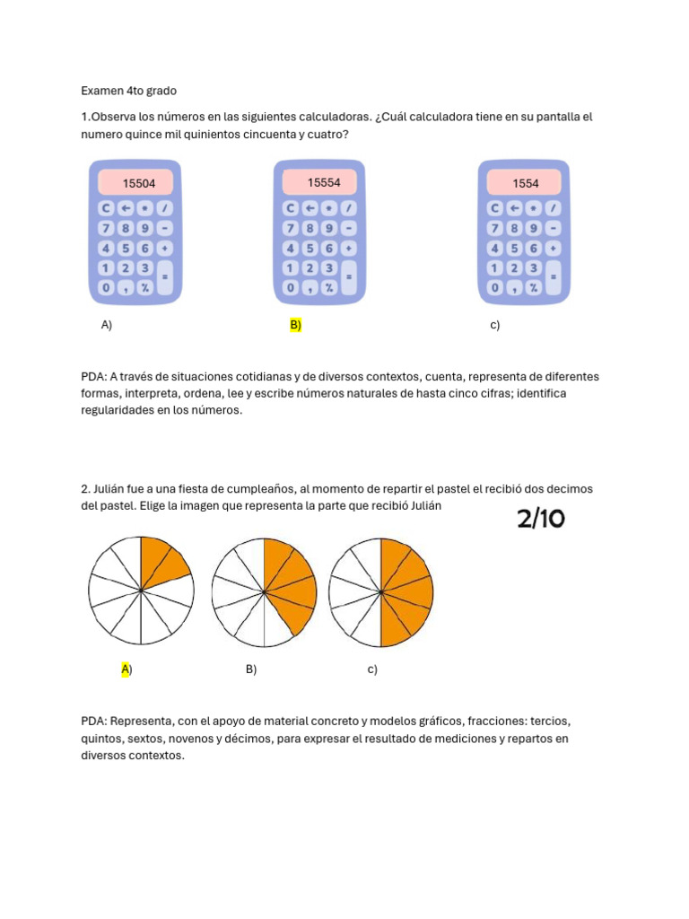 Examen de Matemáticas 4to Grado | PDF | Matemáticas
