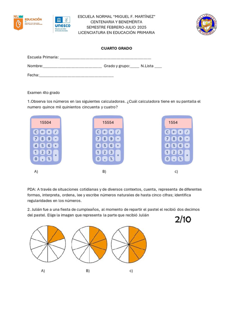 Examen de Matemáticas 4to Grado 2025 | PDF