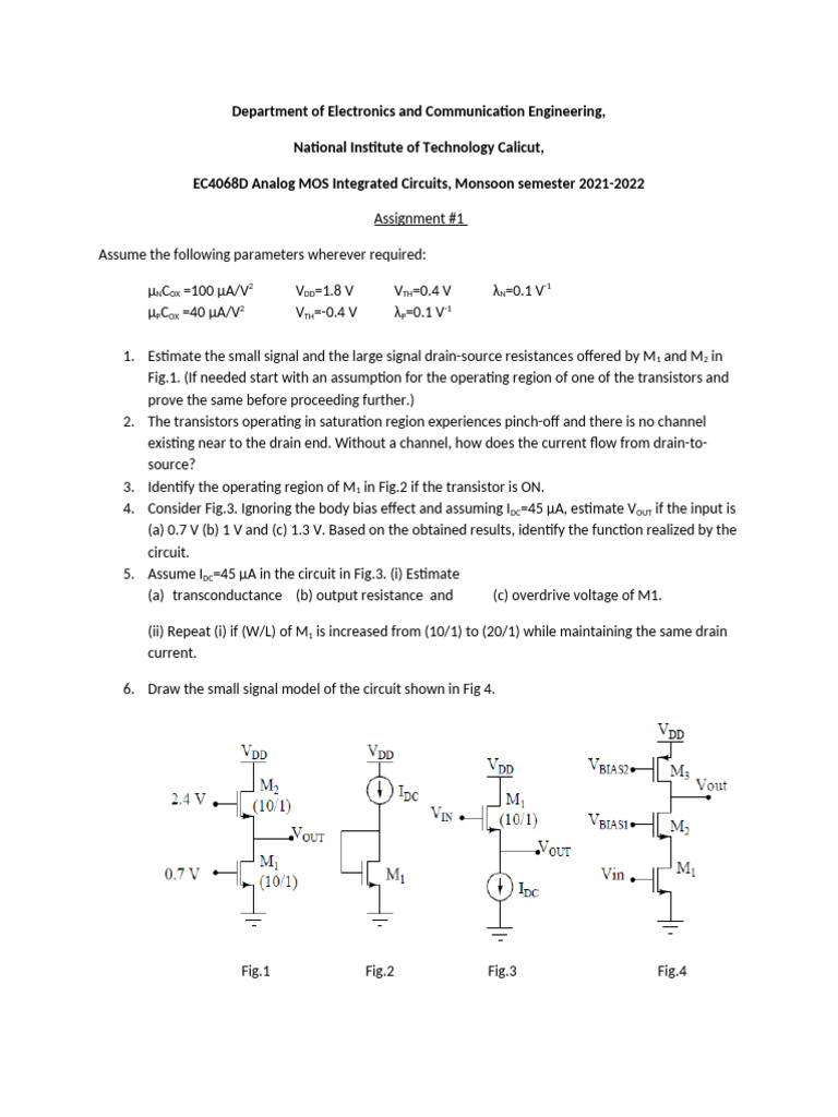 Analog Mos Circuit Analysis Assignment Pdf Mosfet Transistor