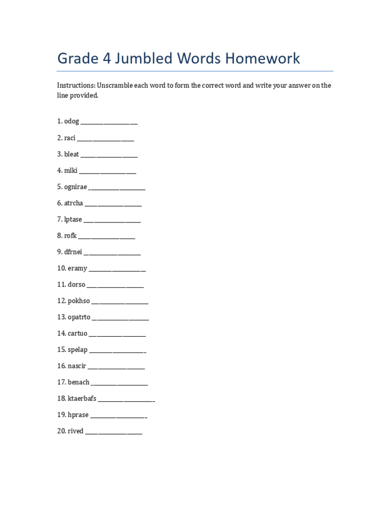 Grade 4 Jumbled Words Homework | PDF