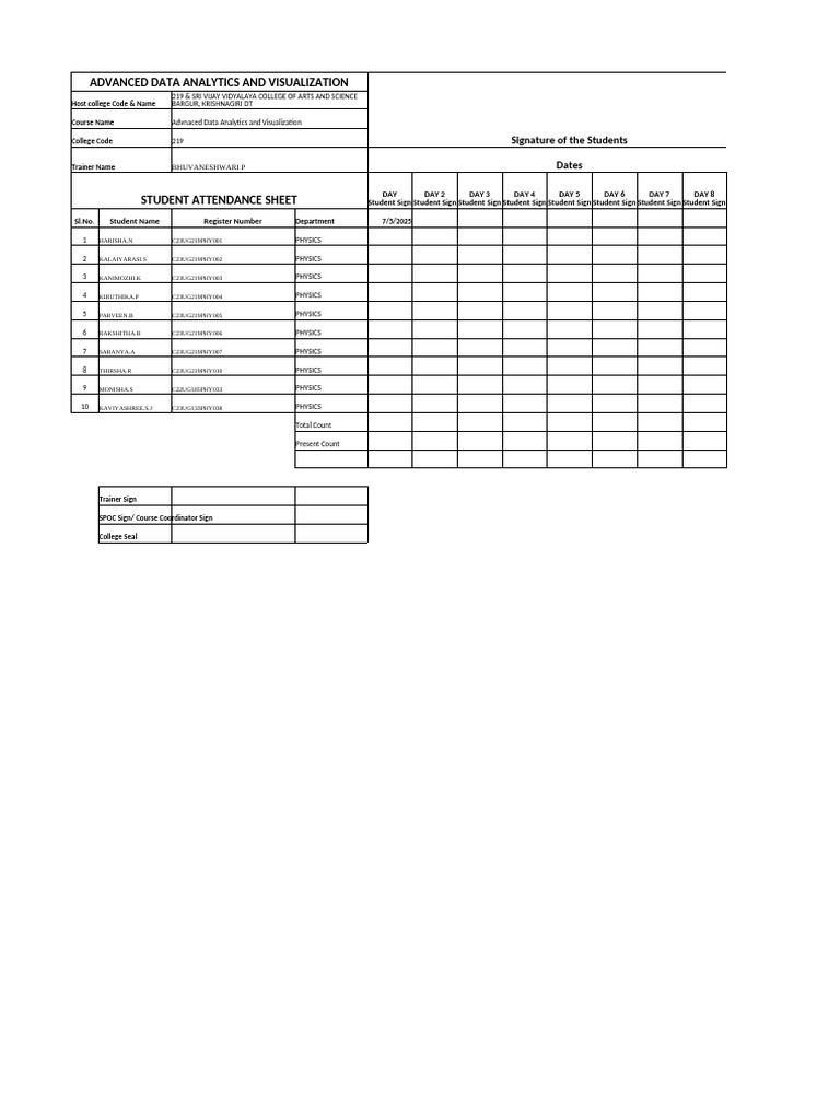 SVV NM Phy & MAT Attendance Format JULY 2025 | PDF