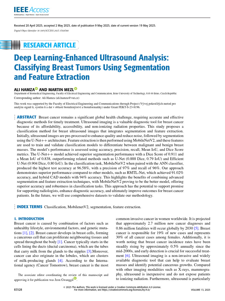 Deep Learning-Enhanced Ultrasound Analysis Classifying Breast Tumors Using Segmentation and ...