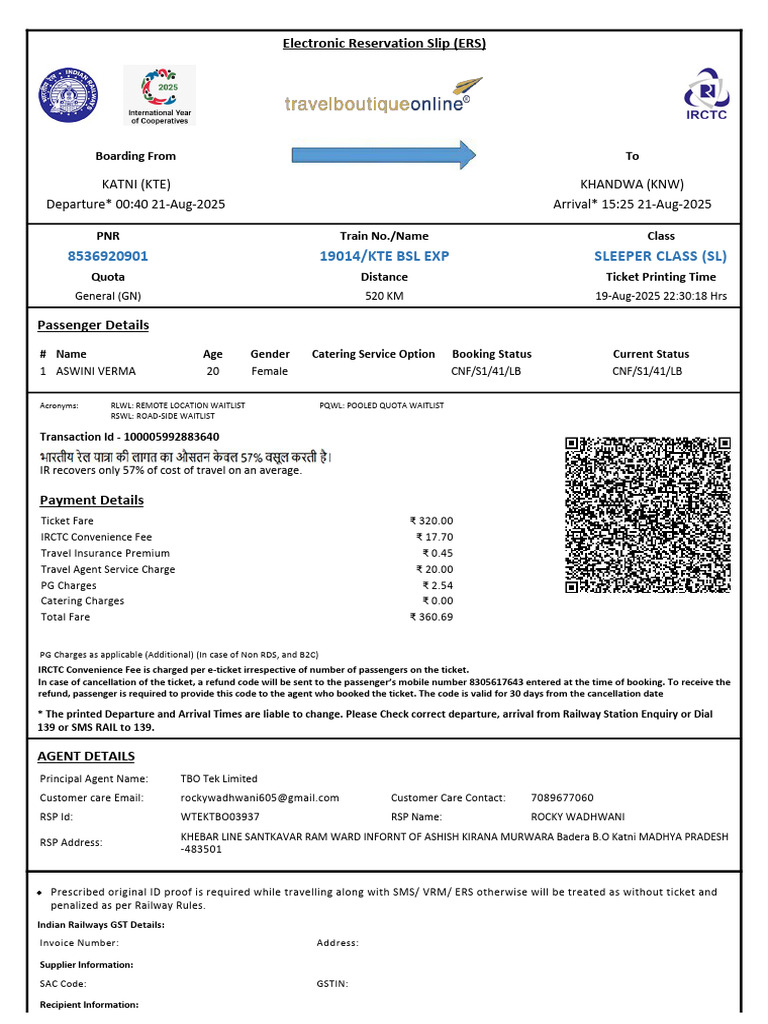Aswini Varma Katni To KNW 21.08.25 | PDF | Identity Document | Payments