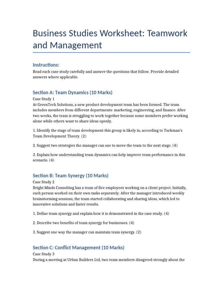 Business Studies Worksheet Teamwork and Management | PDF