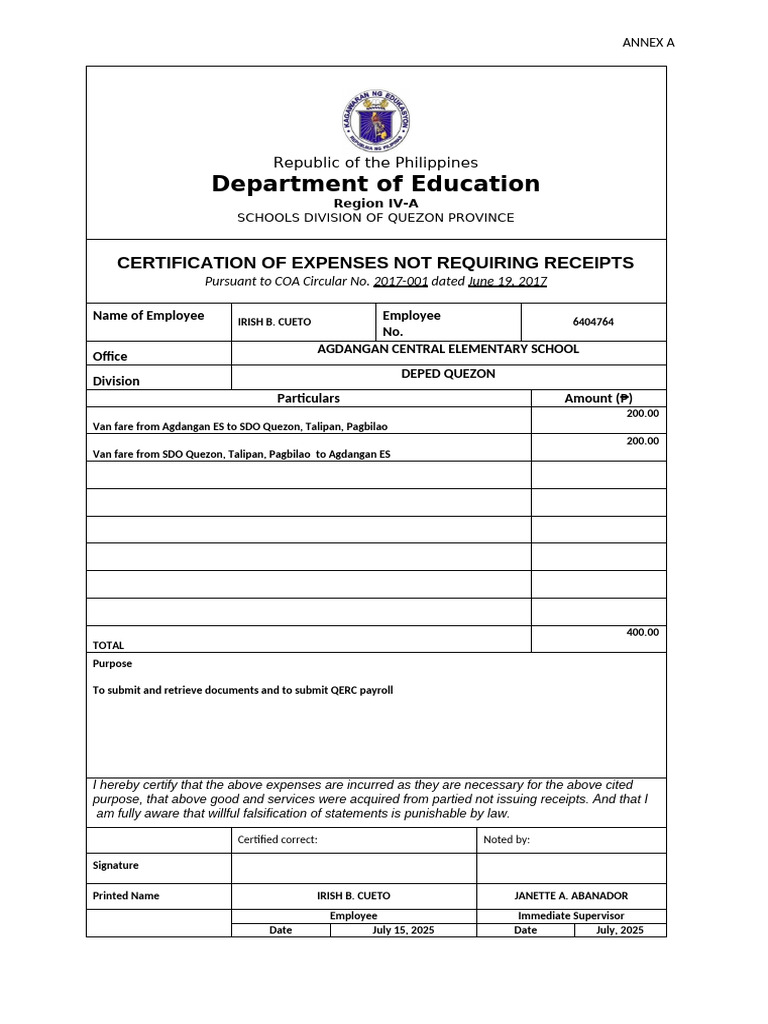 Certification of Expenses Not Requiring Receipts | PDF