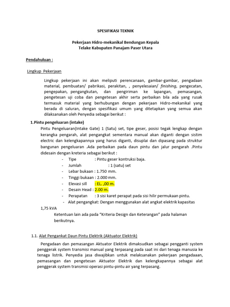 Spesifikasi Pintu Intake Bendungan Telake | PDF