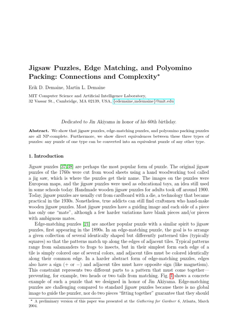 Jigsaw Puzzles Edge Matching and Polyomino Packing | PDF | Time Complexity | Discrete Mathematics