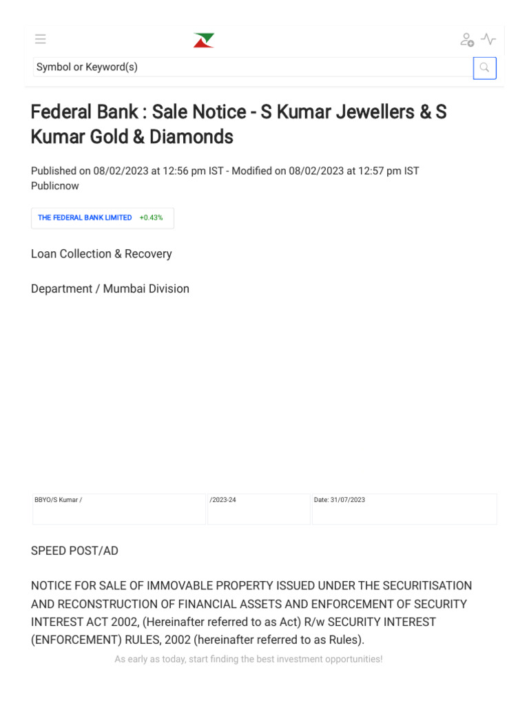 Federal Bank Sale Notice: S Kumar Jewellers | PDF | Auction | Money