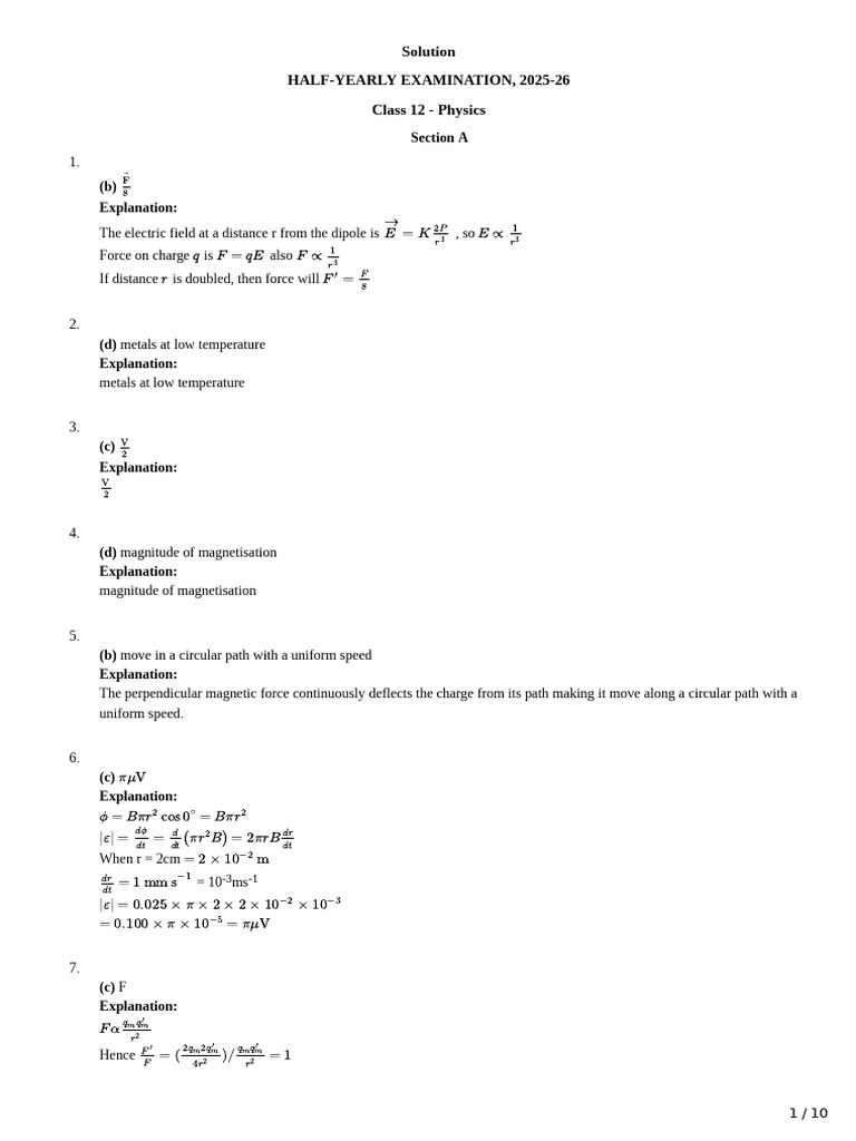 Class 12th Physics Paper With Solution | PDF | Capacitance | Applied ...