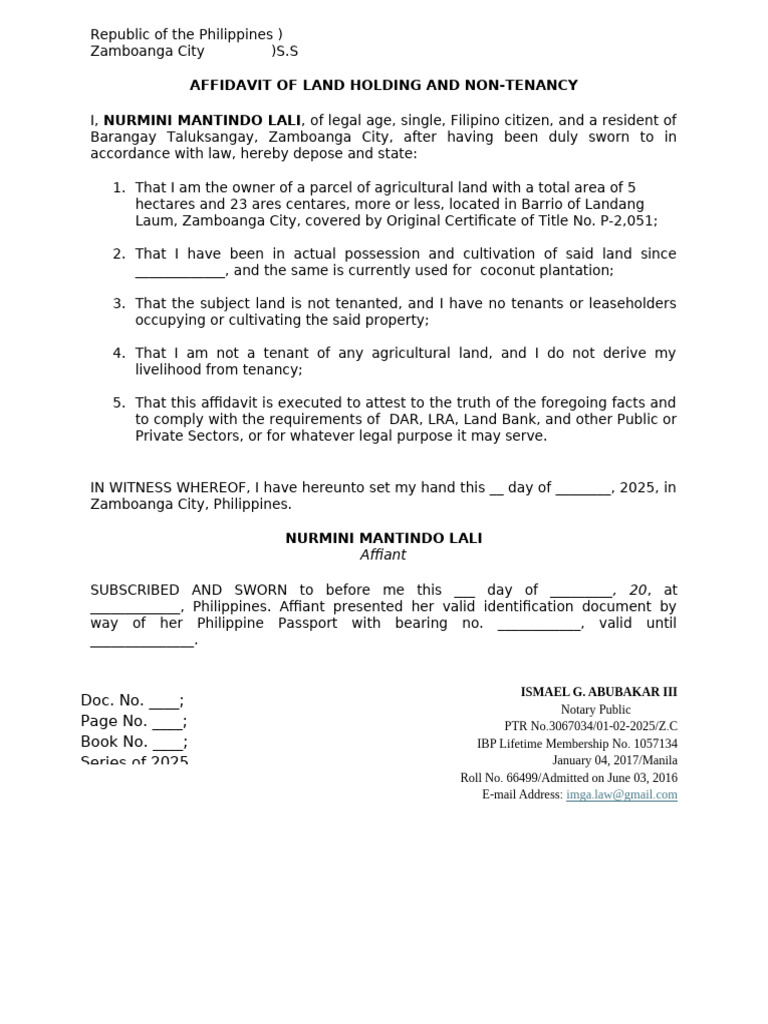 Affidavit of Landholding-Lali | PDF