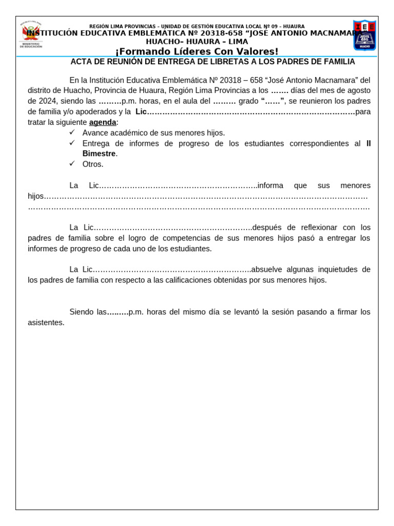 Modelo Acta y Formato para Entrega Libretas II Bim | PDF