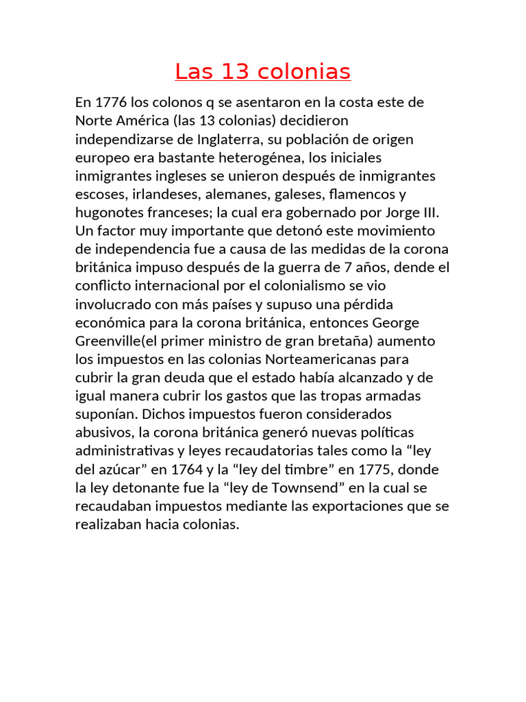 Historia de las 13 Colonias y su Independencia | PDF | Trece colonias ...