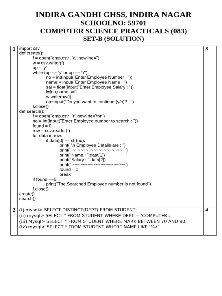 Practical Exam Question Paper Set B (Solution) | PDF