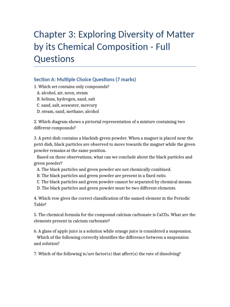 Diversity of Matter: Chemical Composition Quiz | PDF