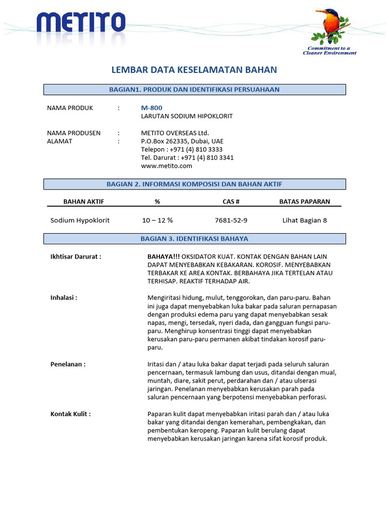 Msds M-800 Idn Naocl | PDF