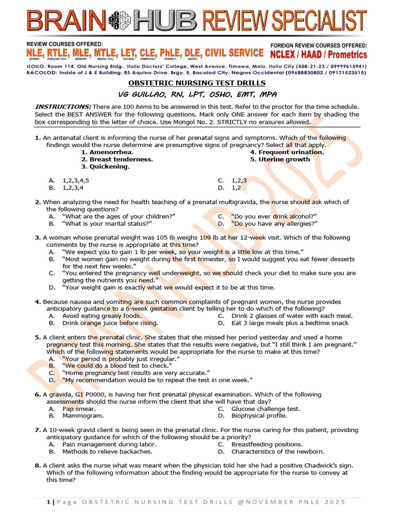 BH OB TEST DRILLS 200 ITEMS For Printing 1 | PDF | Childbirth | Pregnancy