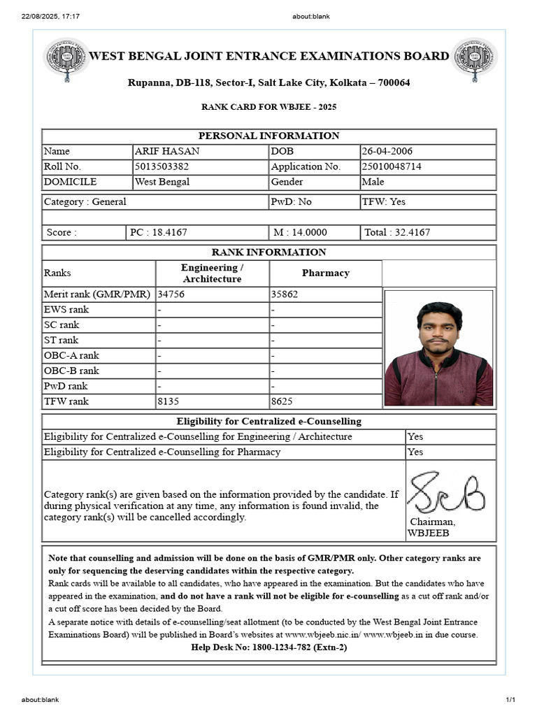 Wbjee Rank Card 2025 Arif Hasan | PDF | Higher Education | Qualifications
