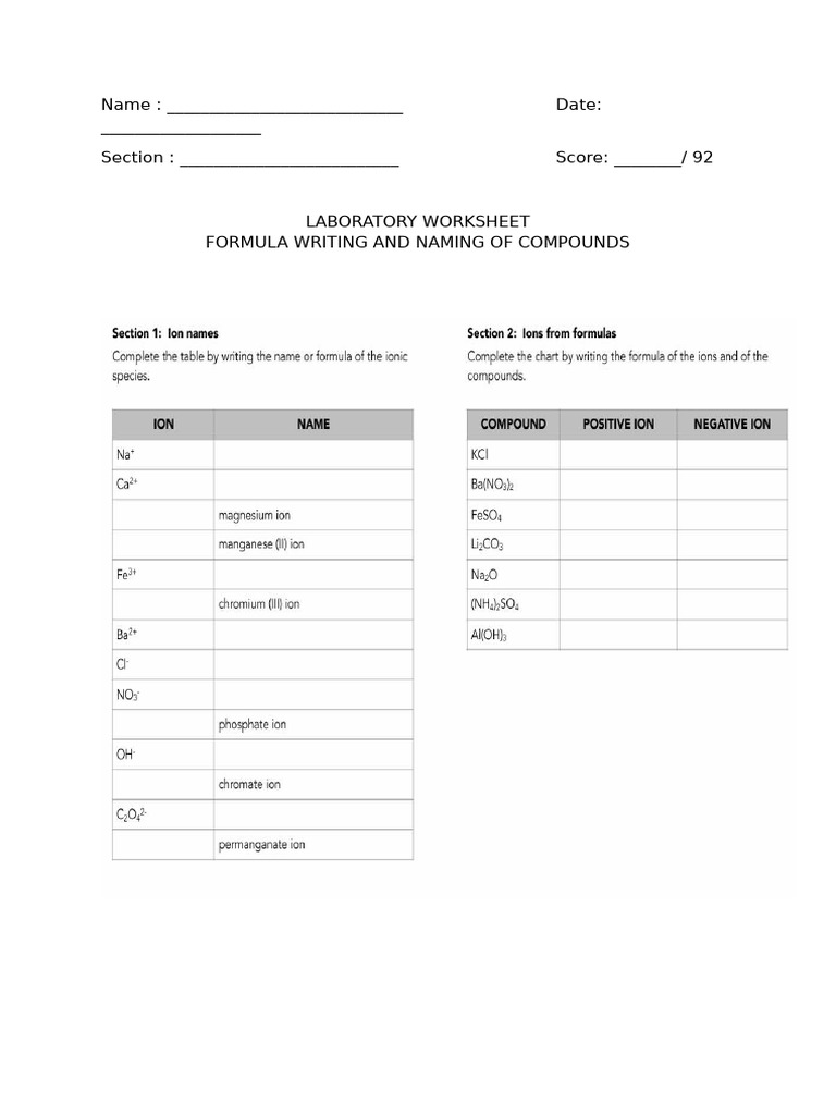 Formula Writing & Naming Worksheet | PDF