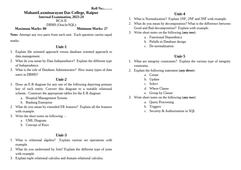 Dbms Bca-II Internal Exam 2024 | PDF | Databases | Information Retrieval