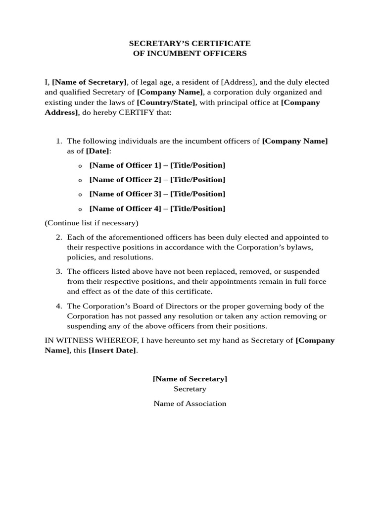 Sample Sec. Cert of Incumbent Officer | PDF
